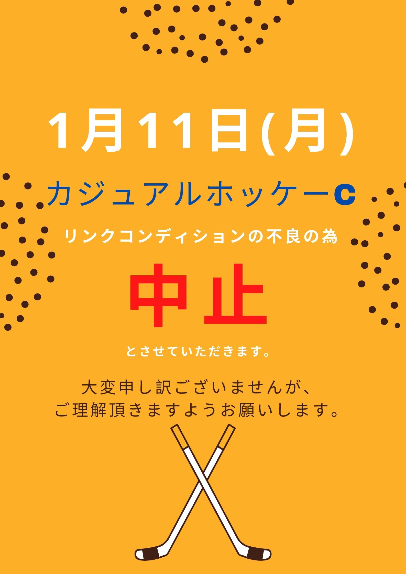 1月11日(月)カジュアルホッケーC【白鳥】中止 | 公益財団法人 苫小牧市スポーツ協会 TSPO